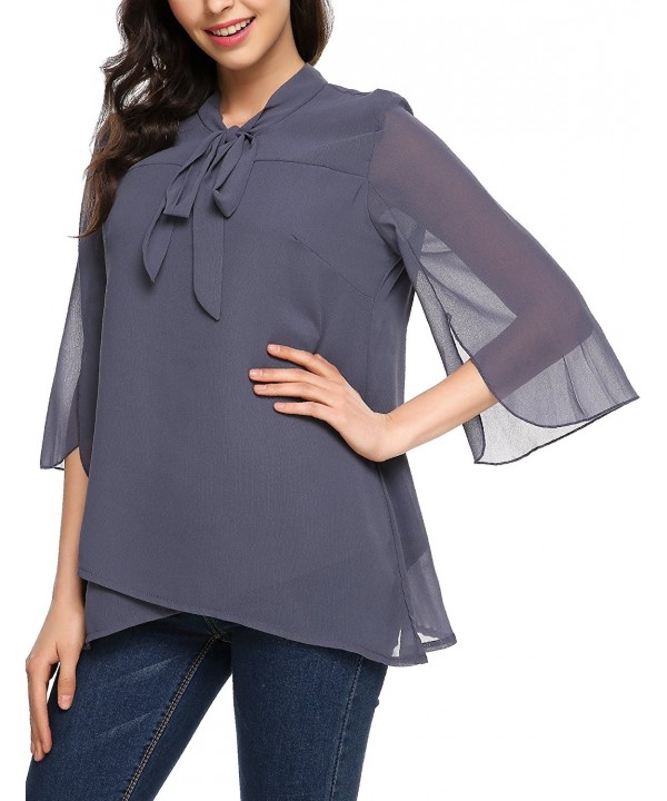 Women Bow Tie V Neck Flare Sleeve Asymmetrical Hem Chiffon Blouse Shirt